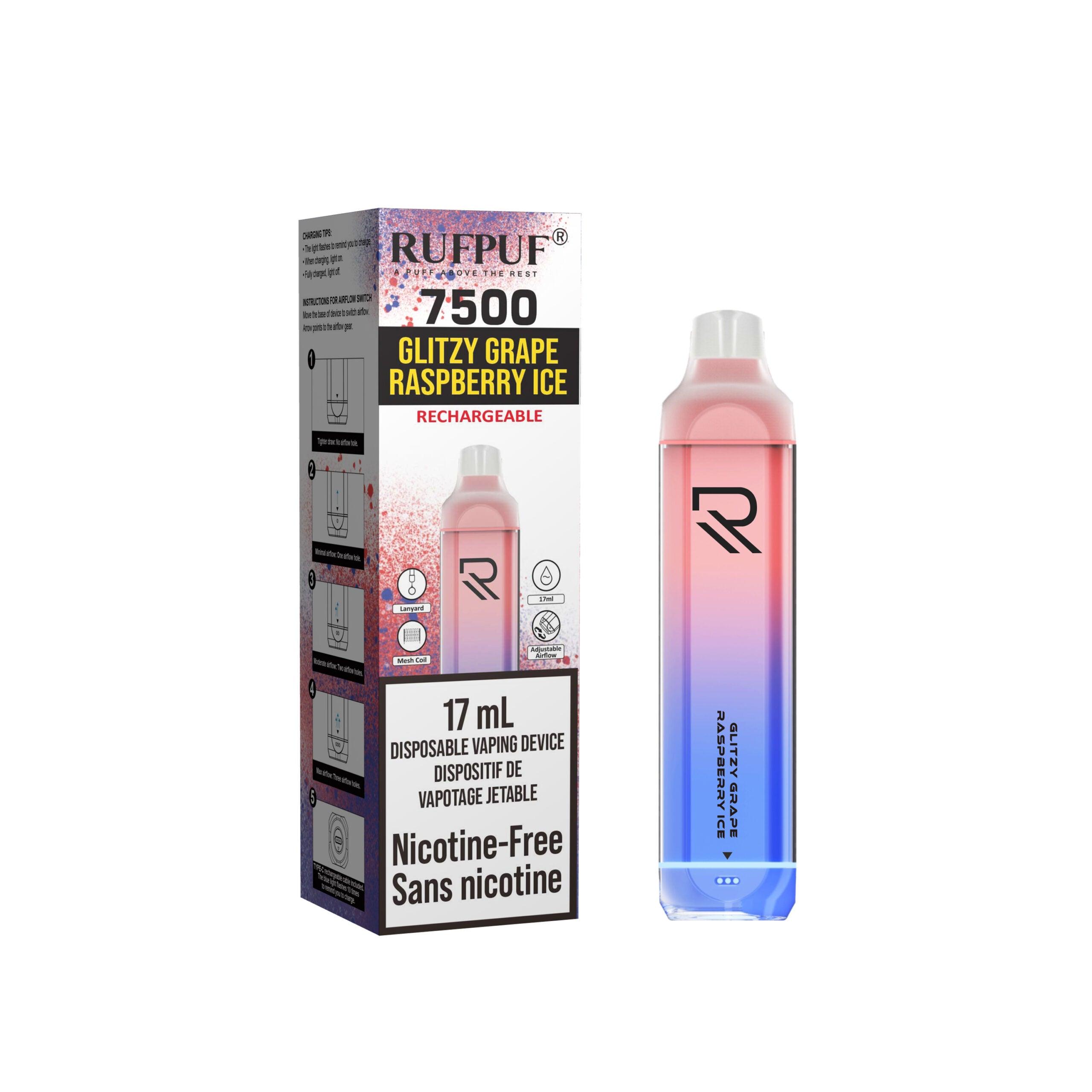 Rufpuf 7500 Zero Nic Glitzy Grape Raspberry Ice Disposable Vape, 17mL ...